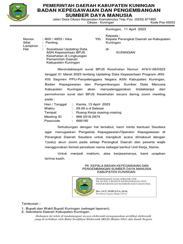 Surat Undangan Sosialisasi Updating Data ASN Kepesertaan BPJS Kesehatan ... Surat Undangan Sosialisasi Updating Data ASN Kepesertaan BPJS Kesehatan ...