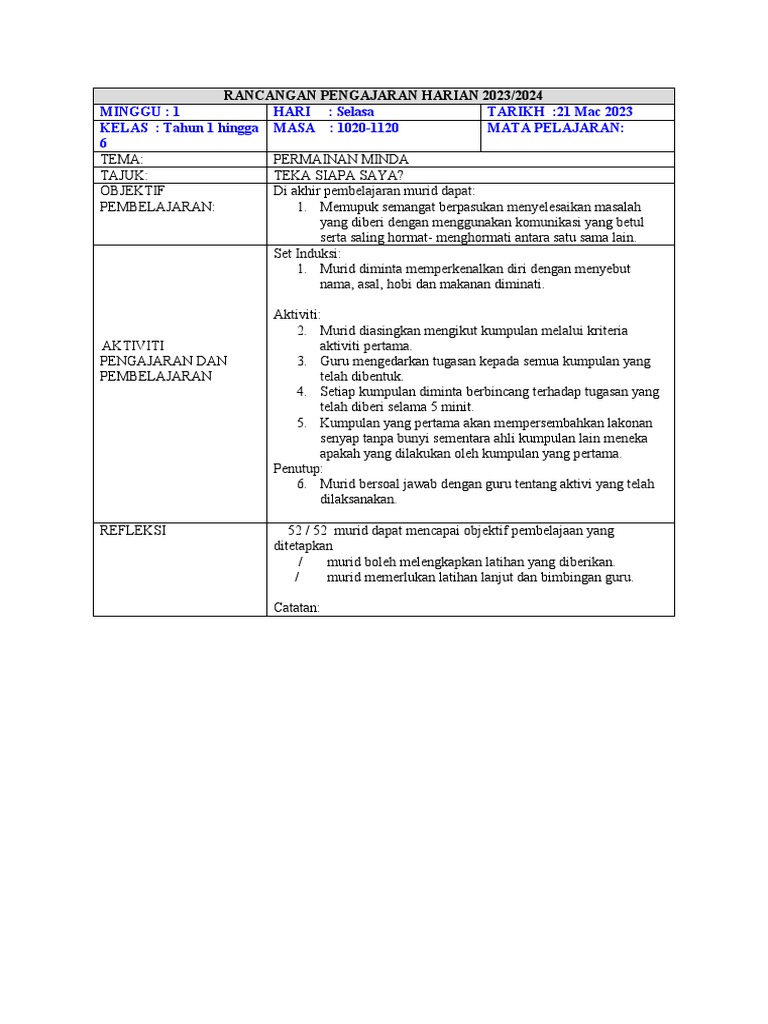 RPH Permainan Minda (Teka Siapa Saya) | PDF