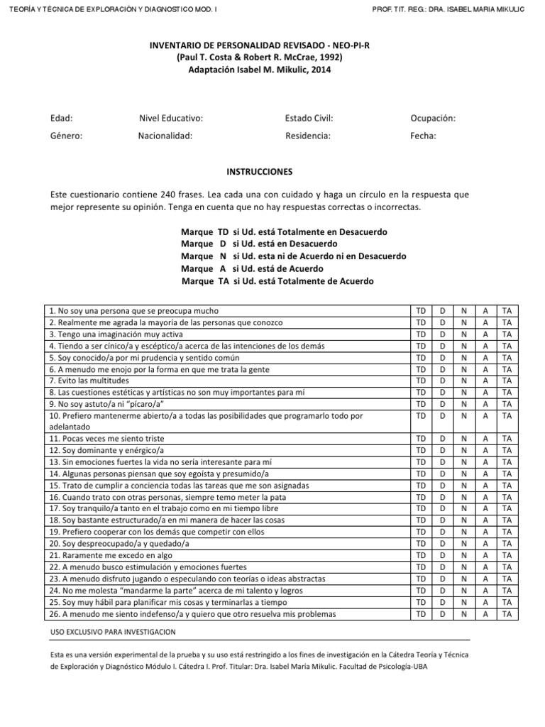 Ficha - Inventario de Personalidad NEO-PI-R (Administracion e ...