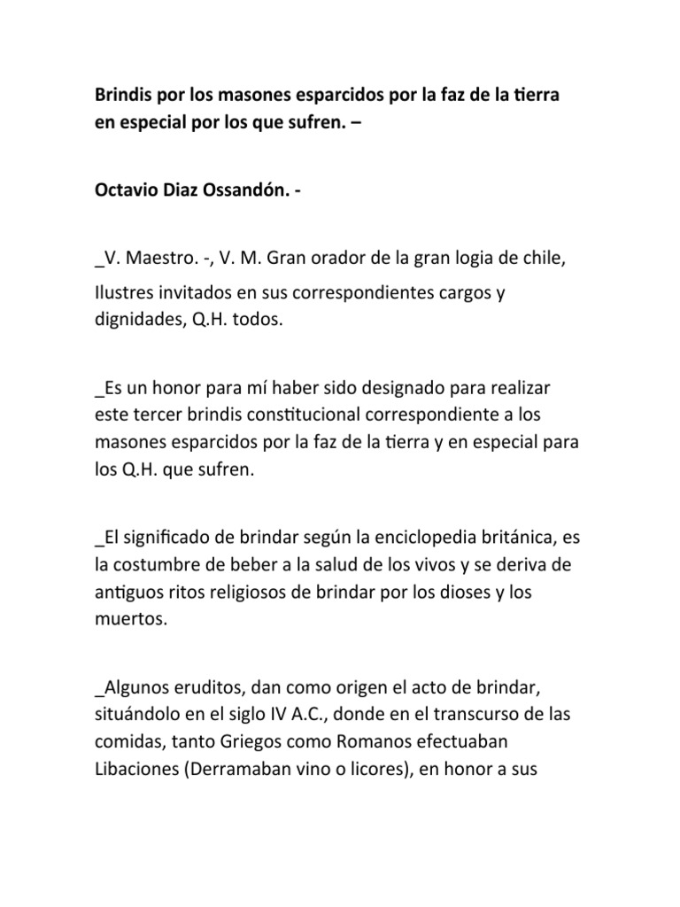 Brindis Por Los Masones Esparcidos Por La Faz de La Tierra en Especial ...