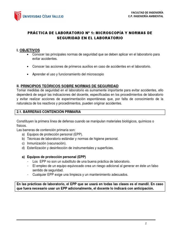 P1 Microscopia y Normas Seguridad | PDF | Microscopio | Laboratorios