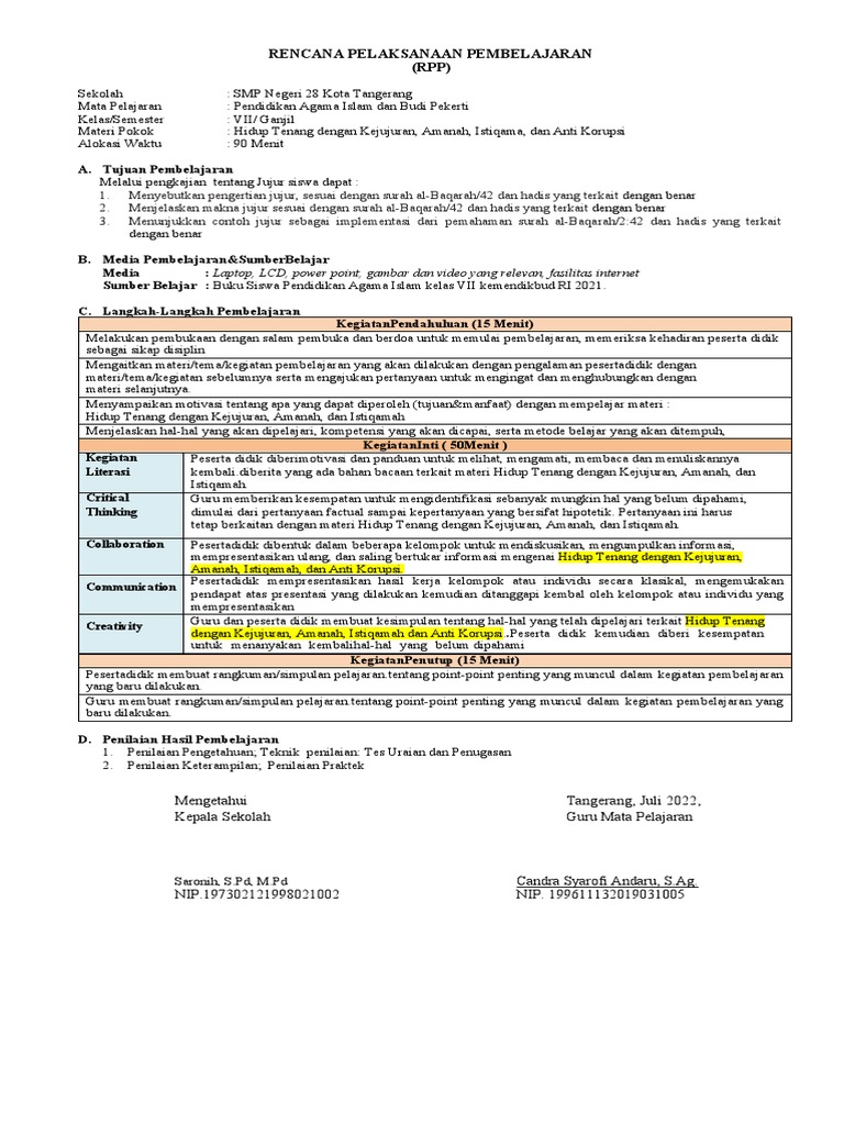 RPP PAI Kelas 7 | PDF