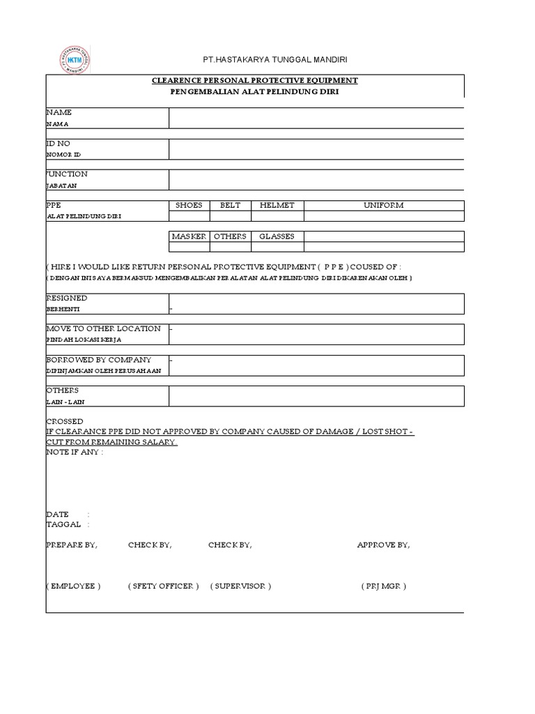 Employee PPE Return Clearance Form | PDF
