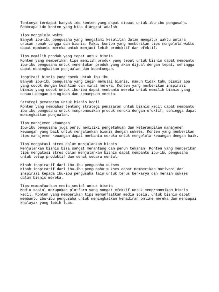 ide konten untuk ibu ibu pengusaha | PDF