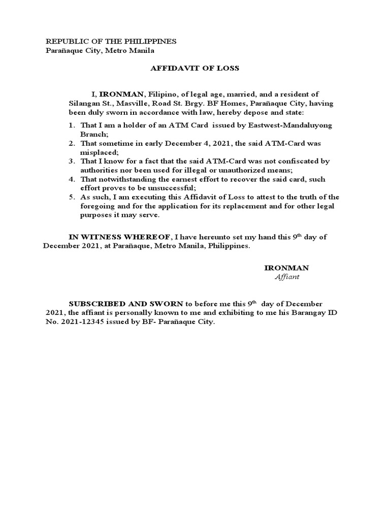 Affidavit of Loss: Affiant | PDF