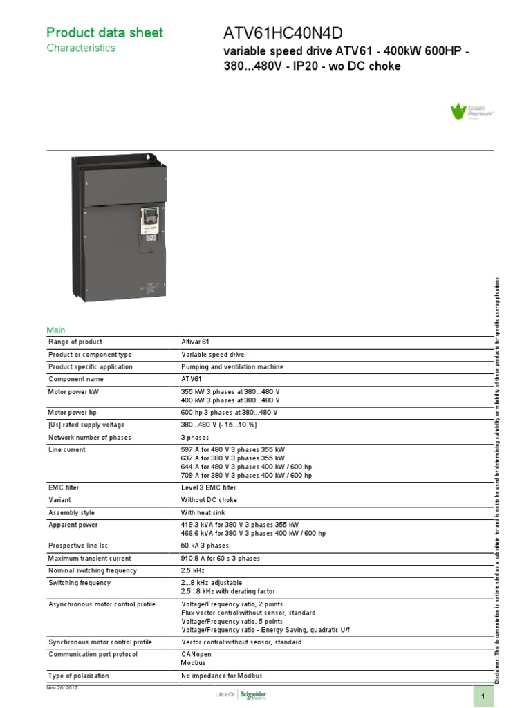 Altivar 61 - ATV61HC40N4D | PDF | Electric Motor | Electrical Impedance
