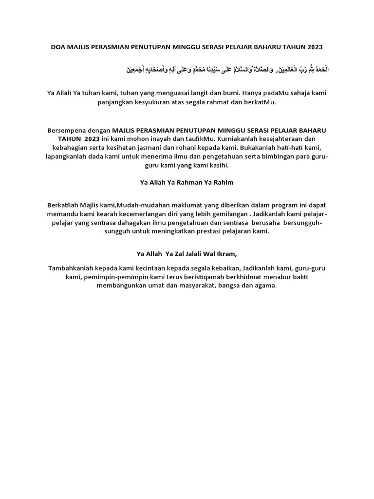 Doa Majlis Perasmian Penutupan Minggu Serasi Pelajar Baharu Tahun 2023 ...