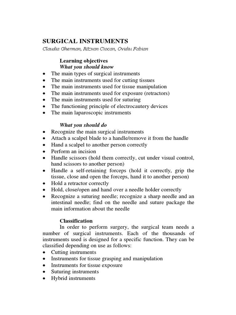 Surgical Instruments: Learning Objectives | PDF | Surgical Suture ...
