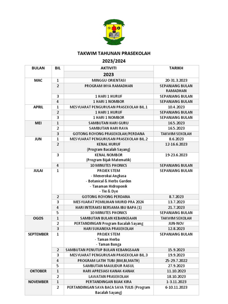 Takwim Aktiviti Prasekolah 2023 | PDF