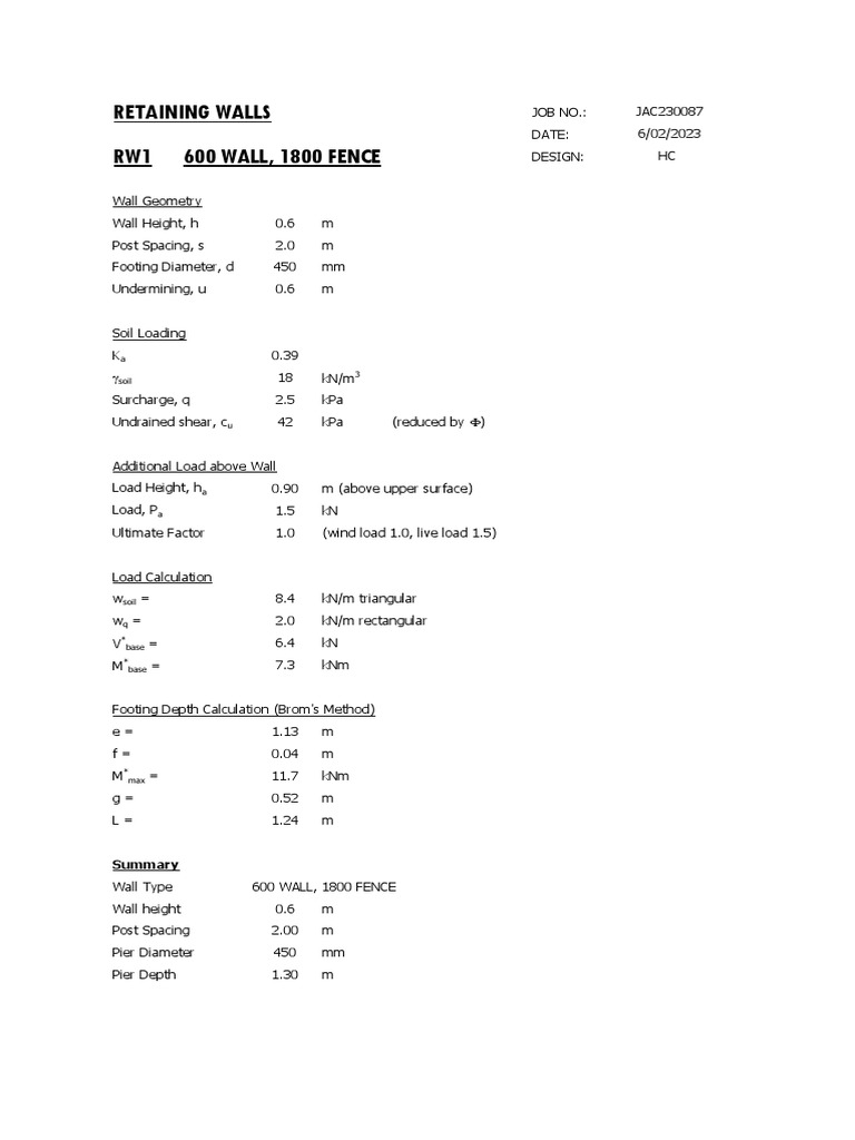 Retaining Wall Design Calculations | PDF