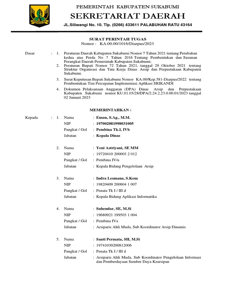 SURAT PERINTAH TUGAS Magang Srikandi Anri Feb 2023 An SEKDA Assda 1 ...