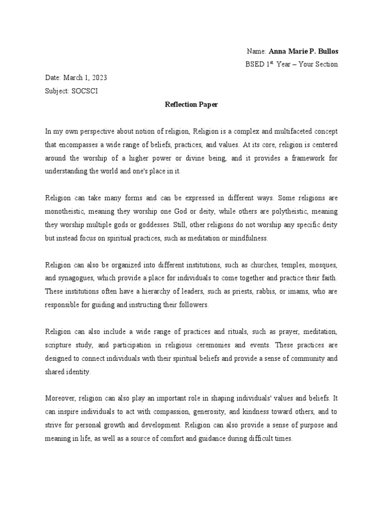 Reflection Paper Notion of Religion | PDF | Worship | God