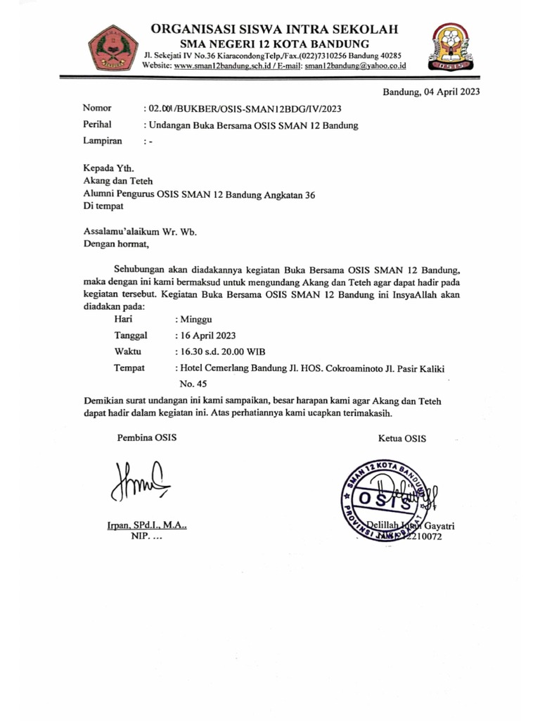 Surat Undangan Buka Bersama OSIS SMAN 12 Bandung | PDF