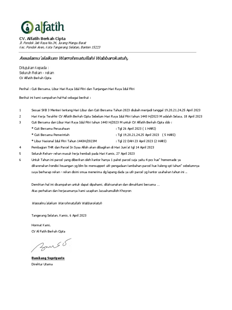 Surat Pemberitahuan Libur Idul Fitri 1443 H | PDF