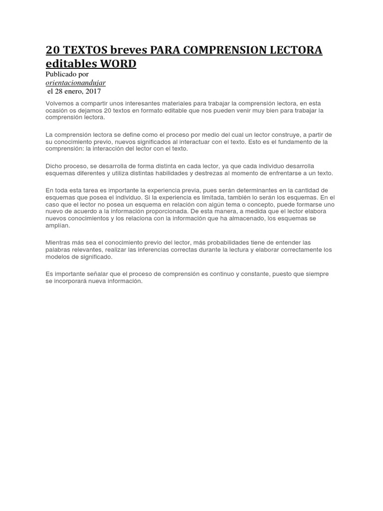 20 Textos Breves para Comprension Lectora Editables WORD: Publicado Por El 28 Enero, 2017 | PDF ...