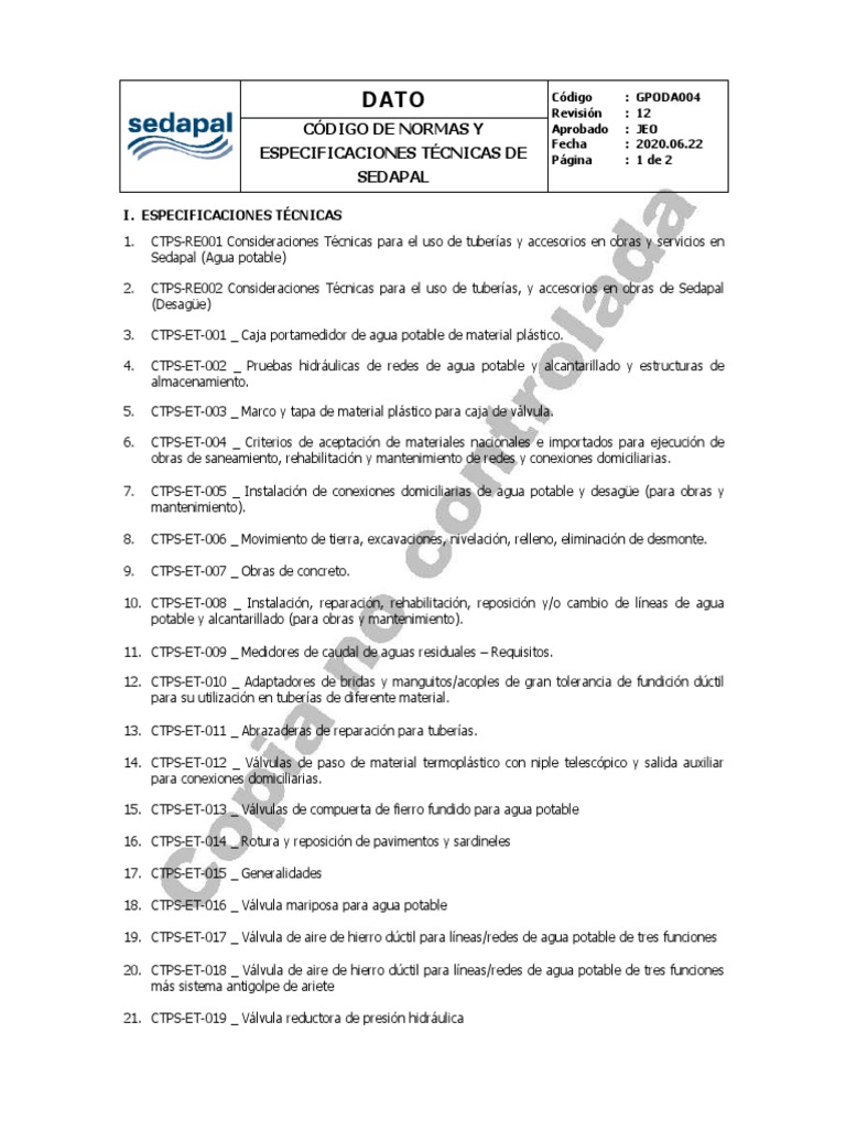 GPODA004 - Codigo de Normas y Especificaciones Tecnicas de SEDAPAL - V12 | PDF | Alcantarillado ...