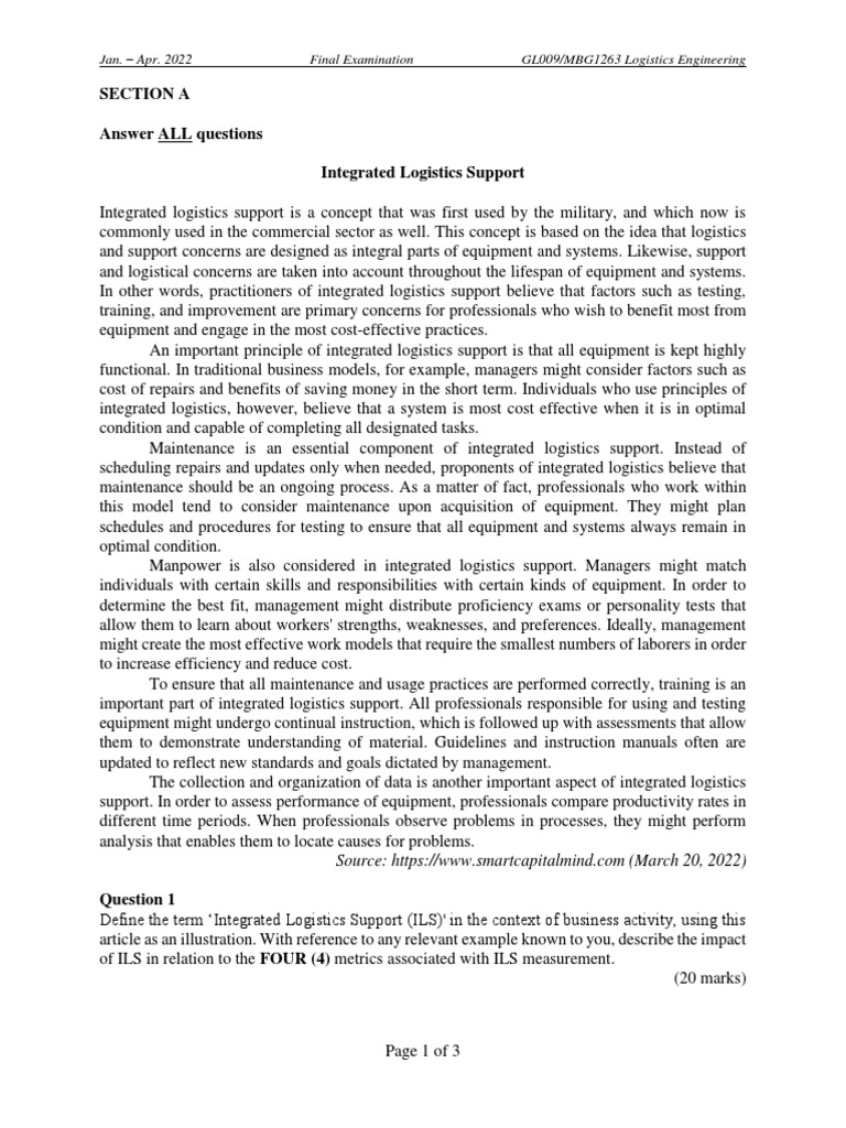 Ucsi GL009 & MBG1263 - Question Papers | PDF | Reliability Engineering | Logistics