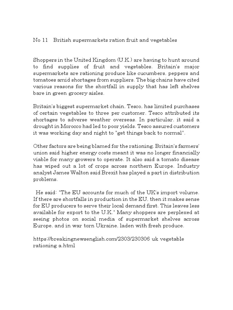 UK Supermarkets Ration Vegetables | PDF