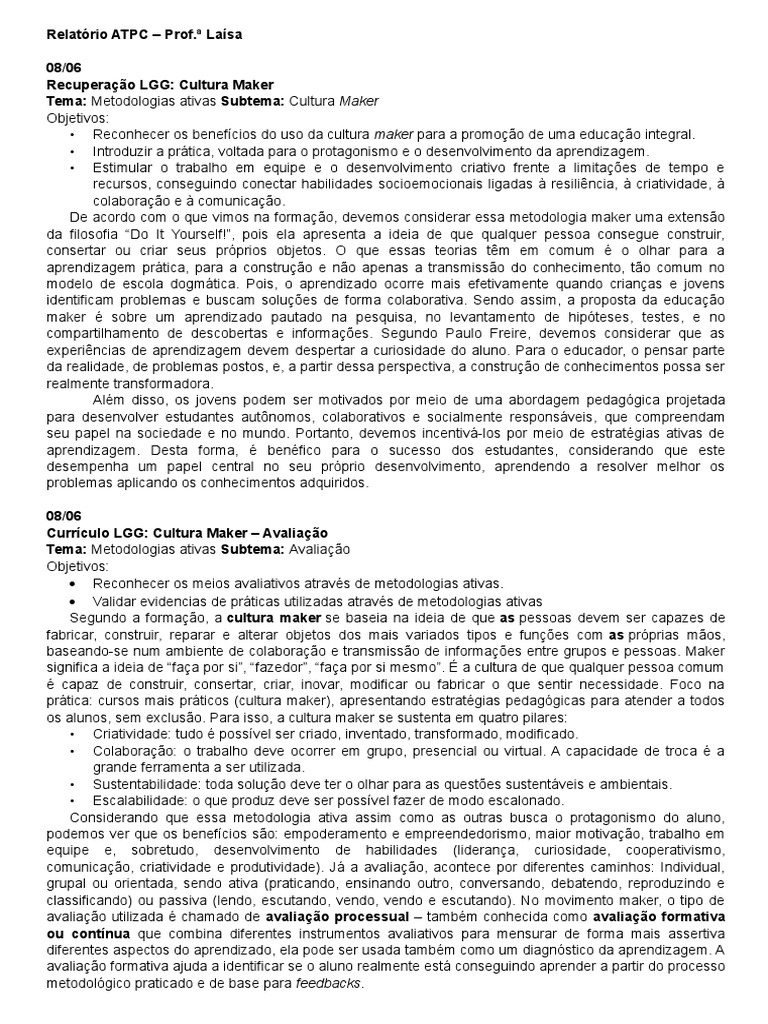 Relatório ATPC | PDF | Aprendizado | Pedagogia