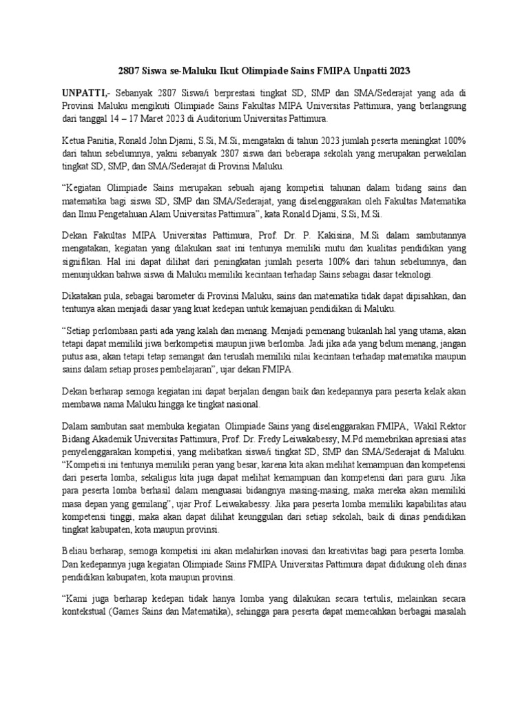 Olimpiade Sains FMIPA Unpatti 2023.docx - Final | PDF