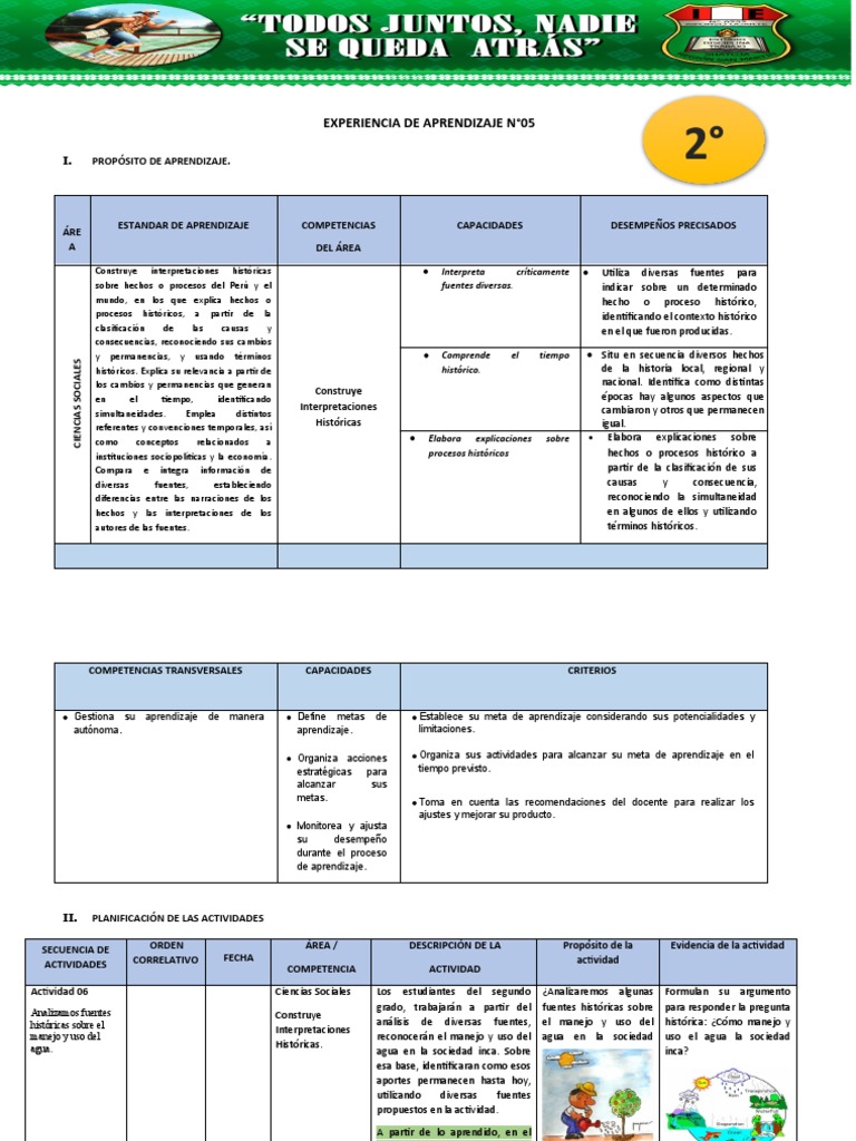 Planificacion De La Experiencia De Aprendizaje N 5 Cc Ss 1 Y 2 Pdf