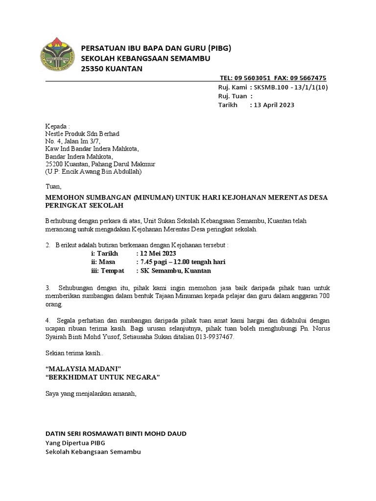 Surat Memohon Air Minuman Tajaan Milo | PDF