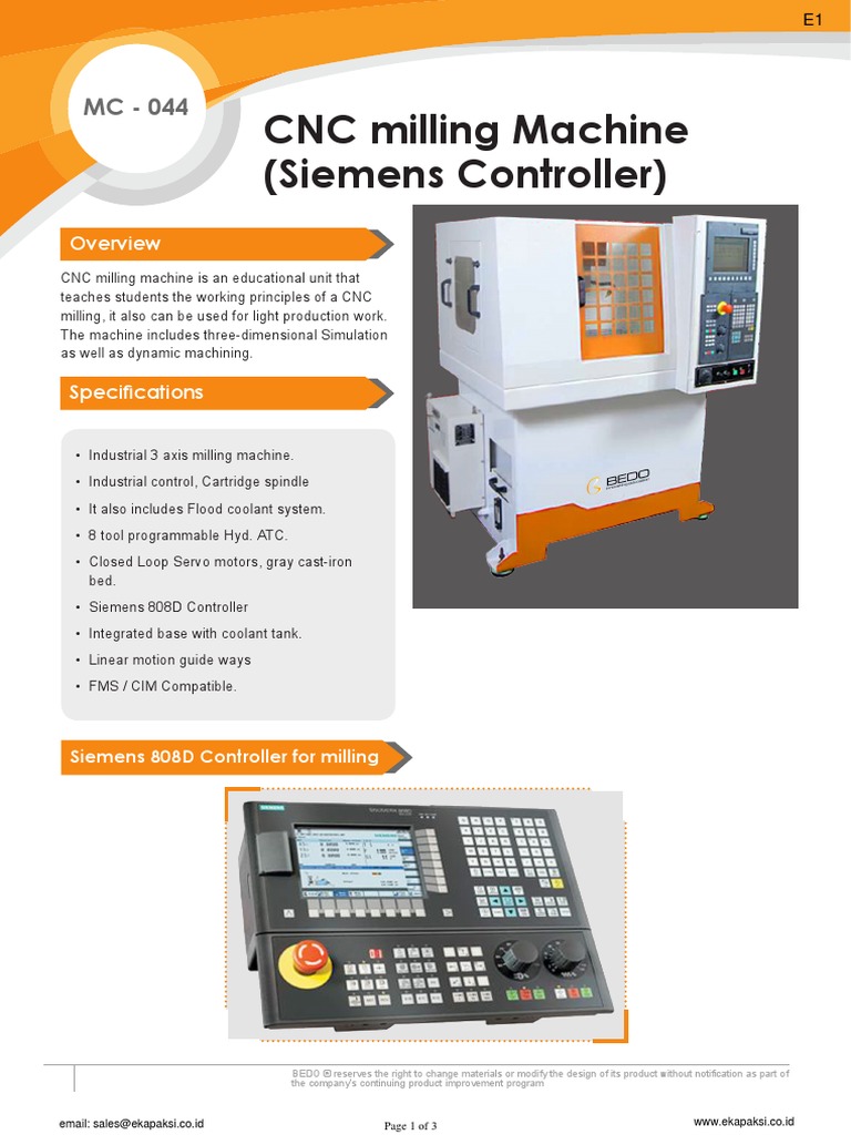 E1. MC-044 CNC Milling Machine (Siemens Controller) | PDF | Numerical ...