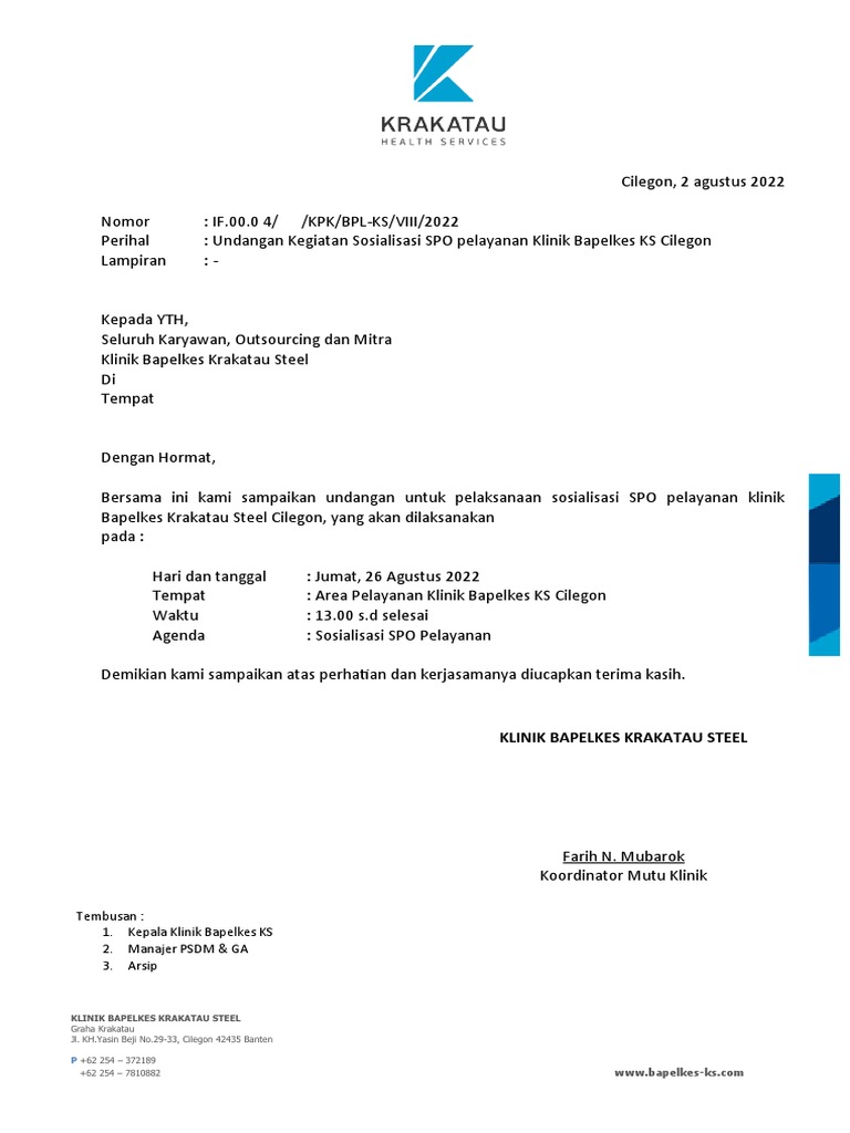 Undangan Sosialisasi SPO Pelayanan Klinik Bapelkes KS Cilegon | PDF