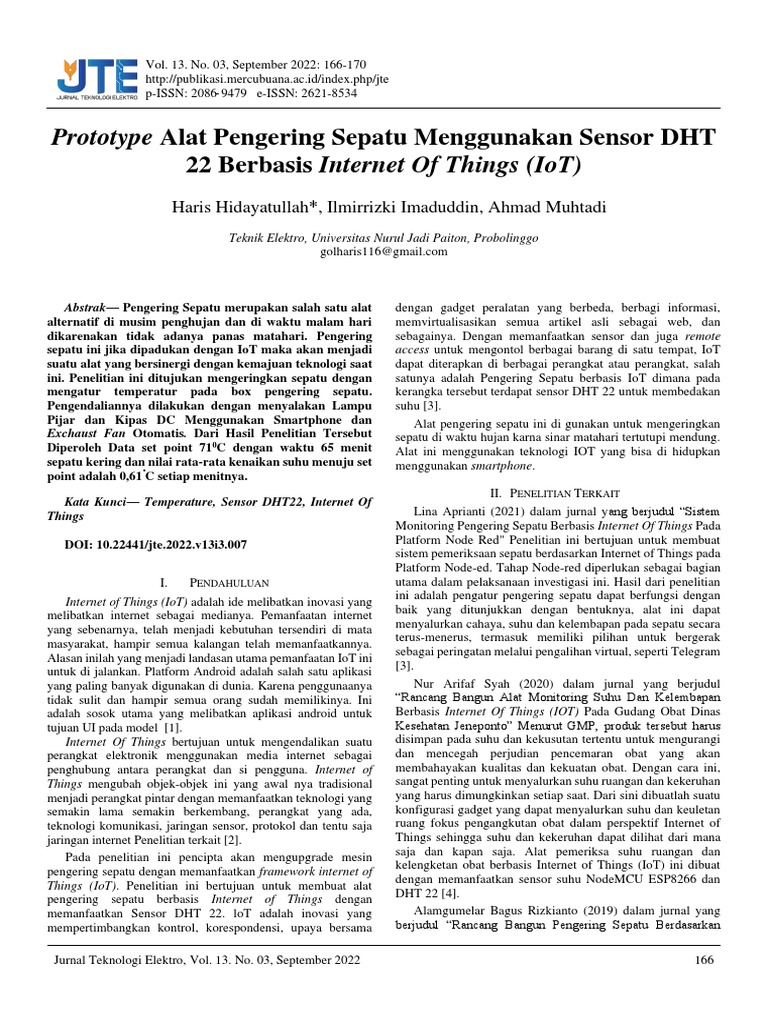 Prototype Alat Pengering Sepatu Menggunakan Sensor DHT 22 Berbasis Internet of Things (IoT ...