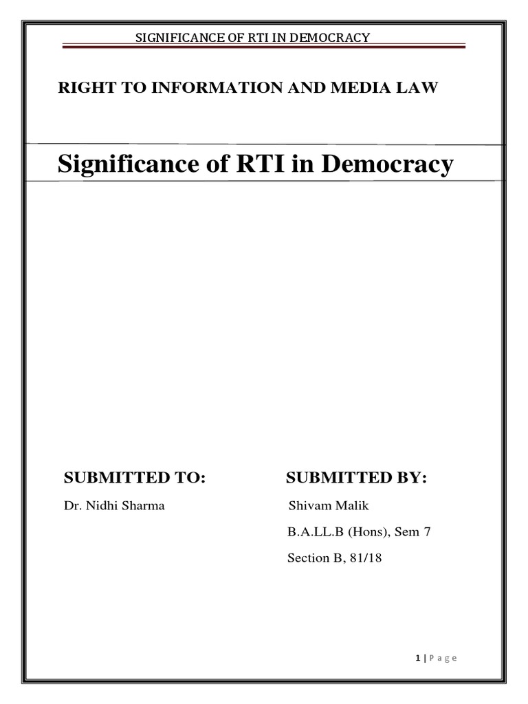 Significance of RTI in Democracy | PDF | Freedom Of Information Laws By ...