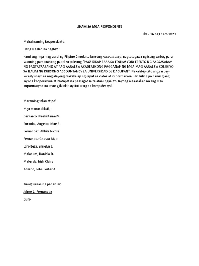 Liham Sa Mga Respondente | PDF