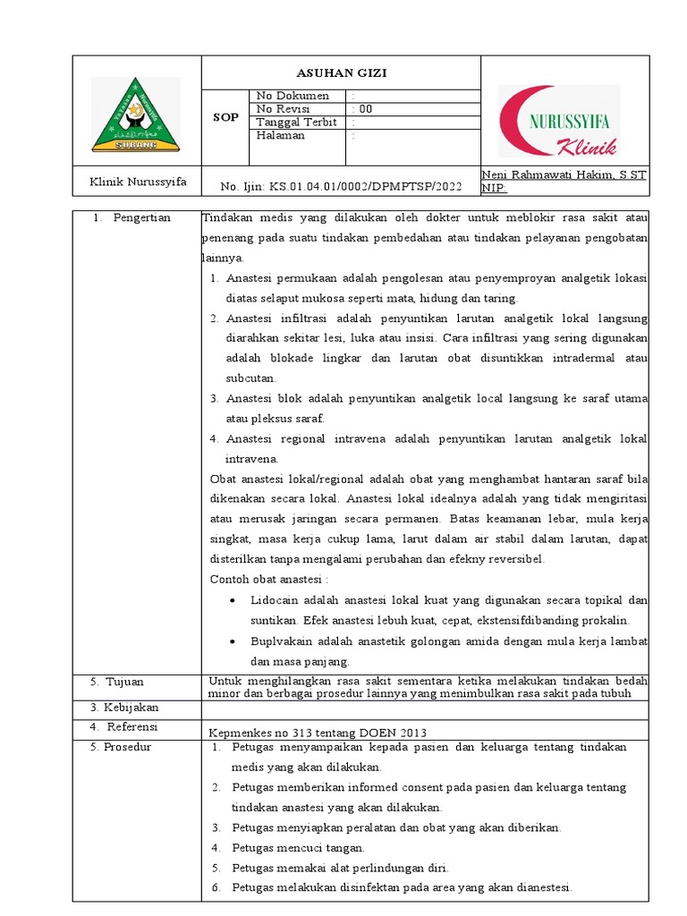 Sop Anastesi Lokal | PDF