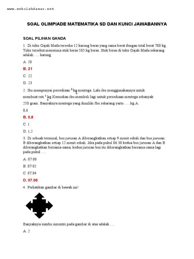 Soal Olimpiade Matematika SD Dan Kunci Jawabannya | PDF
