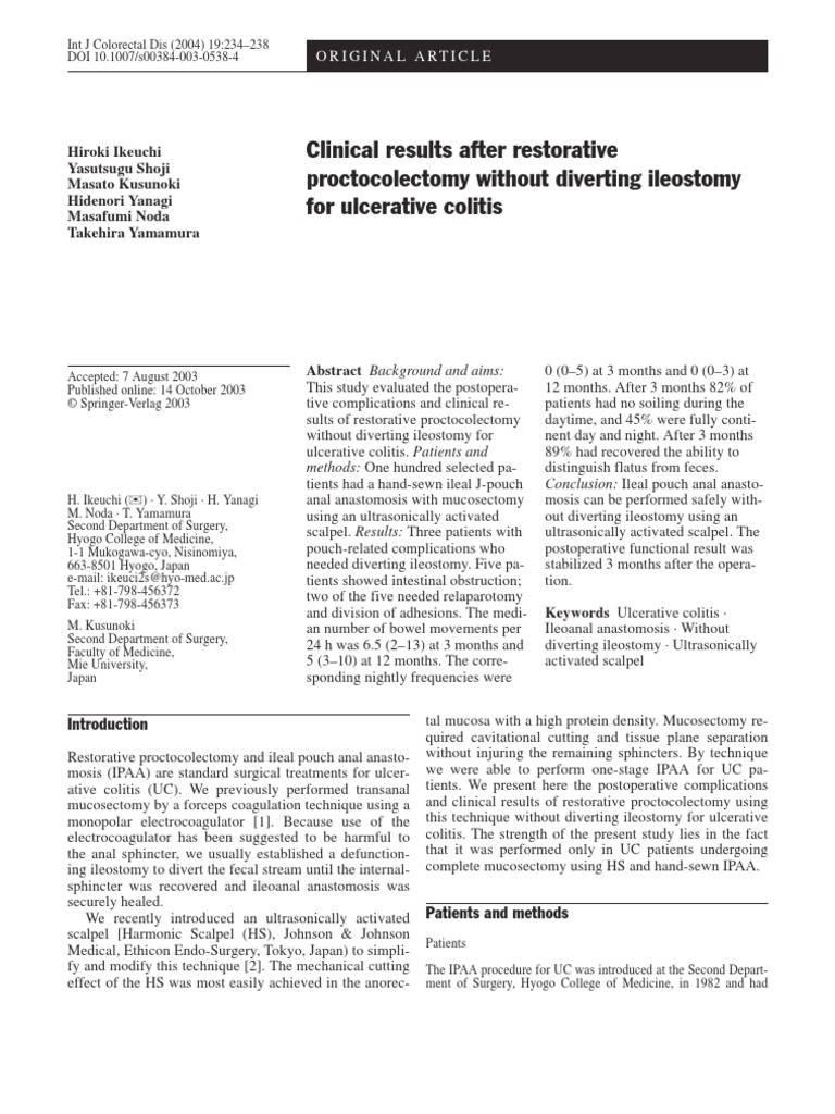 Clinical Results After Restorative Proctocolectomy Without Diverting ...