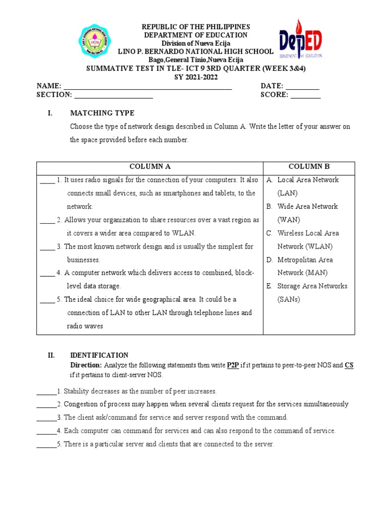 ICT Summative - Q3-W3-4 - 2021-2022 | PDF | Computer Network | Peer To Peer