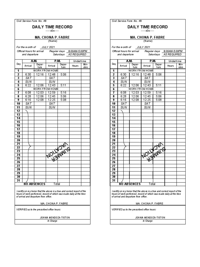 CSCForm48 - DailyTimeRecord (DTR) JUly 2022 | PDF