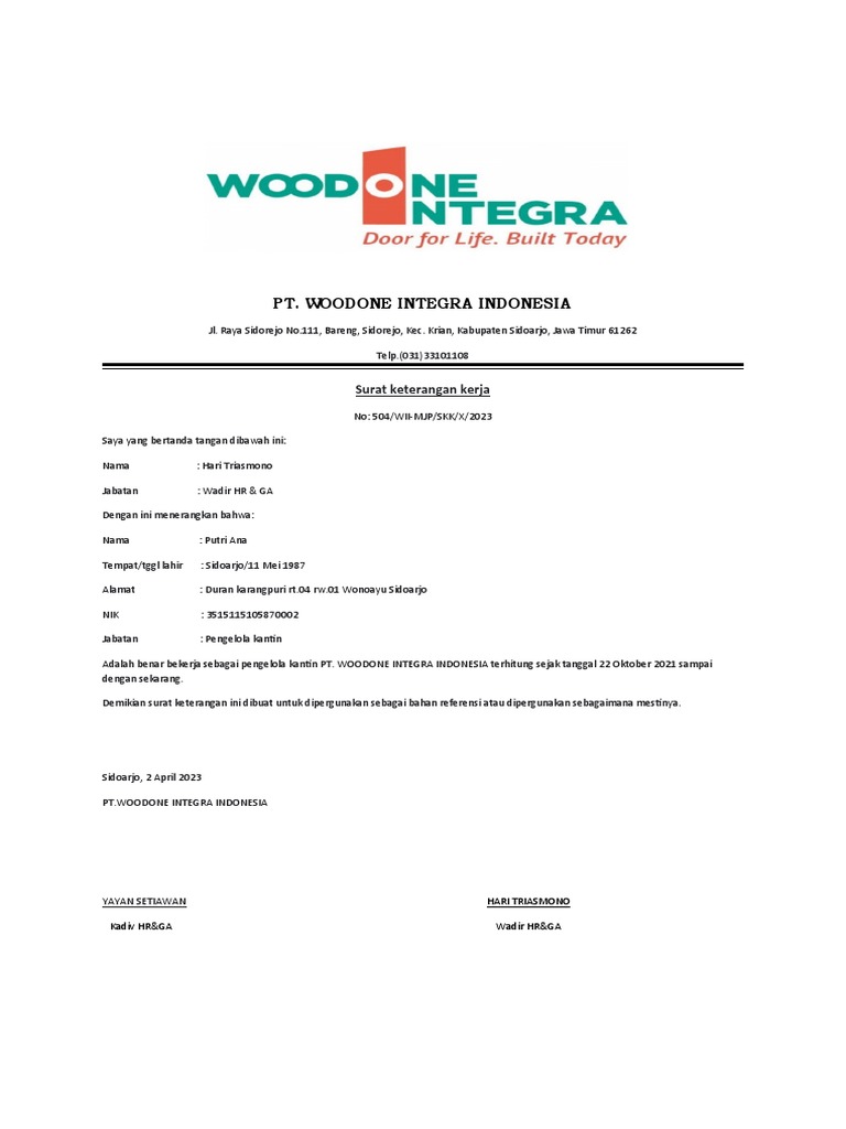 Surat Keterangan Kerja PT Integra | PDF