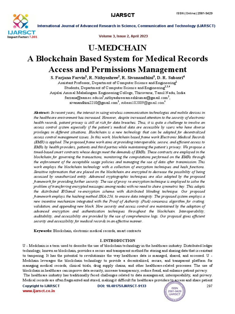 U-MEDCHAIN A Blockchain Based System For Medical Records Access and Permissions Management ...
