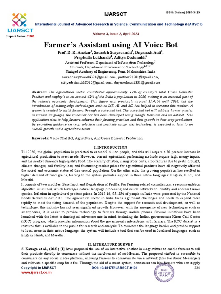 Farmer's Assistant Using AI Voice Bot | PDF | Agriculture | Accuracy ...