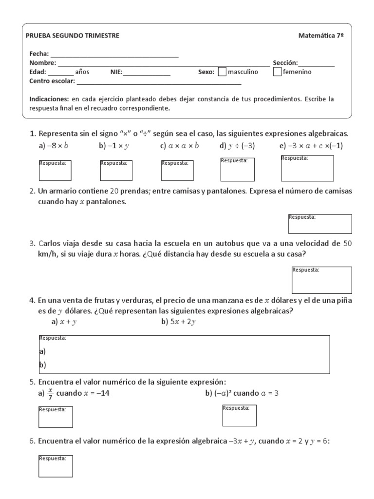 Prueba de Matemáticas del Segundo Trimestre para Séptimo Grado | PDF | Matemáticas