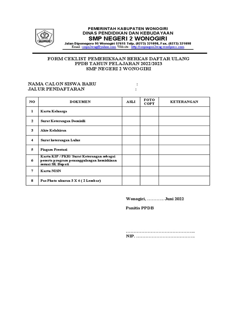 Form Ceklist Pemeriksaan Berkas Daftar Ulang | PDF