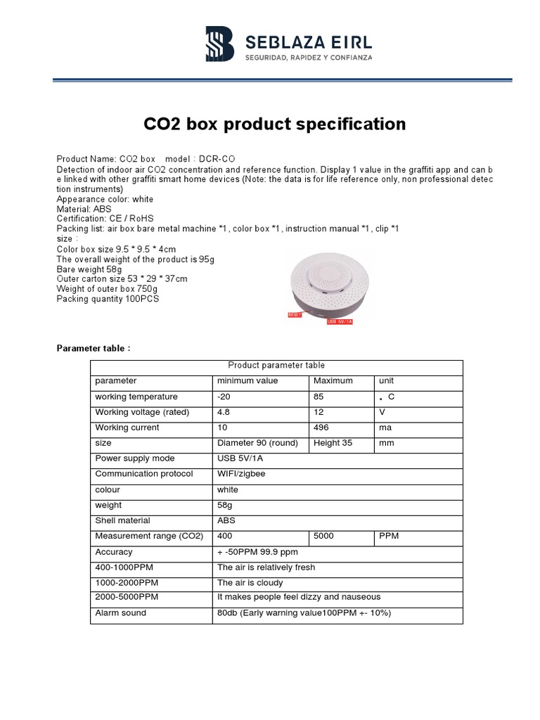 CO2 Box Product Specification: Parameter Table | PDF | Carbon Dioxide ...