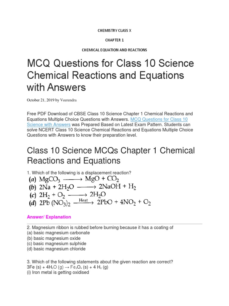 MCQ Questions For Class 10 Science Chemical Reactions and Equations ...