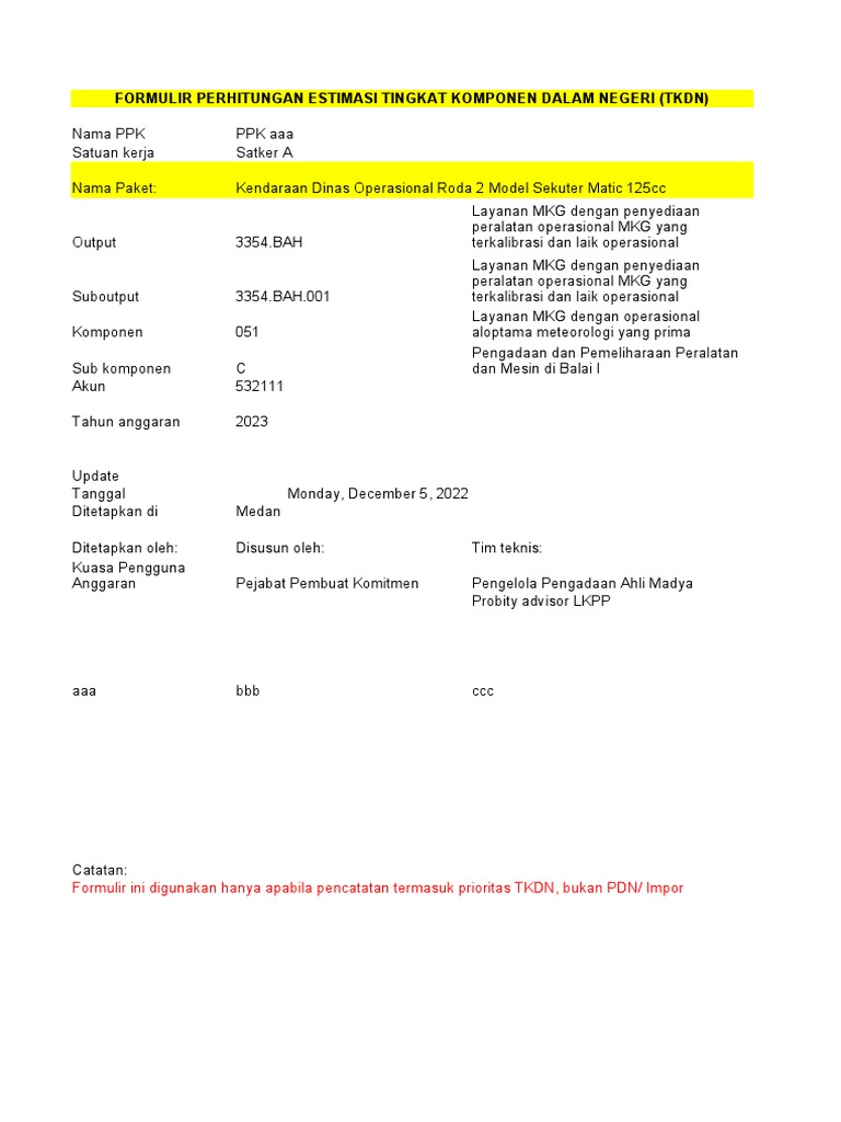Formulir Perhitungan Estimasi Tingkat Komponen Dalam Negeri (TKDN) | PDF