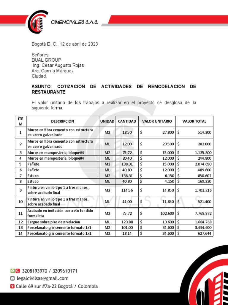 COTIZACIÓN DE ACTIVIDADES DE REMODELACIÓN DE RESTAURANTE | PDF | Construyendo tecnología ...