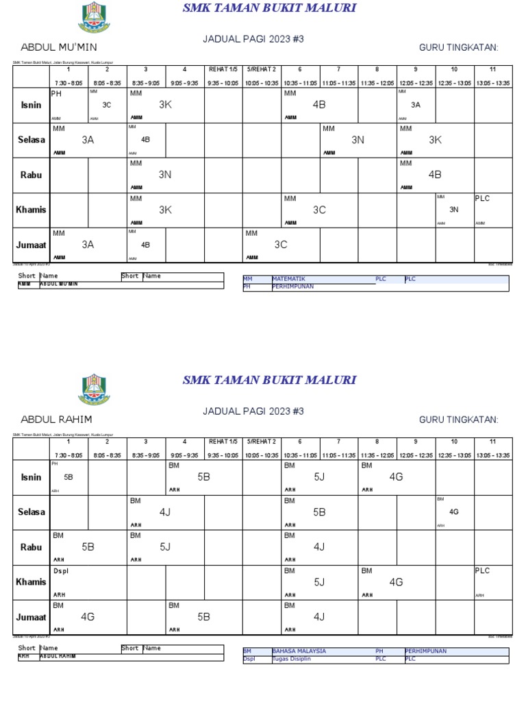 SMK Taman Bukit Maluri Schedule | PDF
