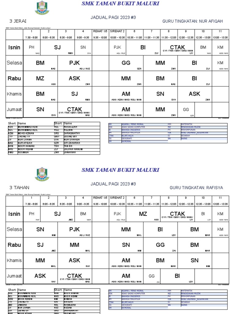 Jadual Kelas Pagi 2023 #3 | PDF