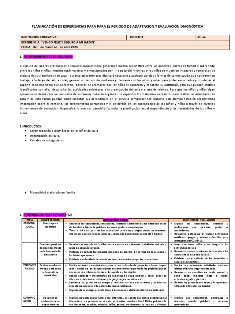 Planificación de Experiencias para para El Periodo de Adaptacion y Evaluación Diagnóstica | PDF ...
