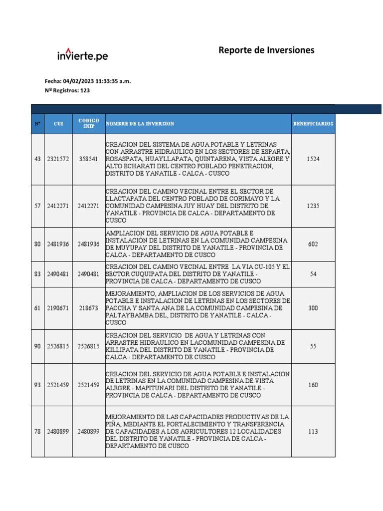 Reporte de Inversiones: Fecha: 04/02/2023 11:33:35 A.M. #Registros: 123 | PDF | Servicios ...