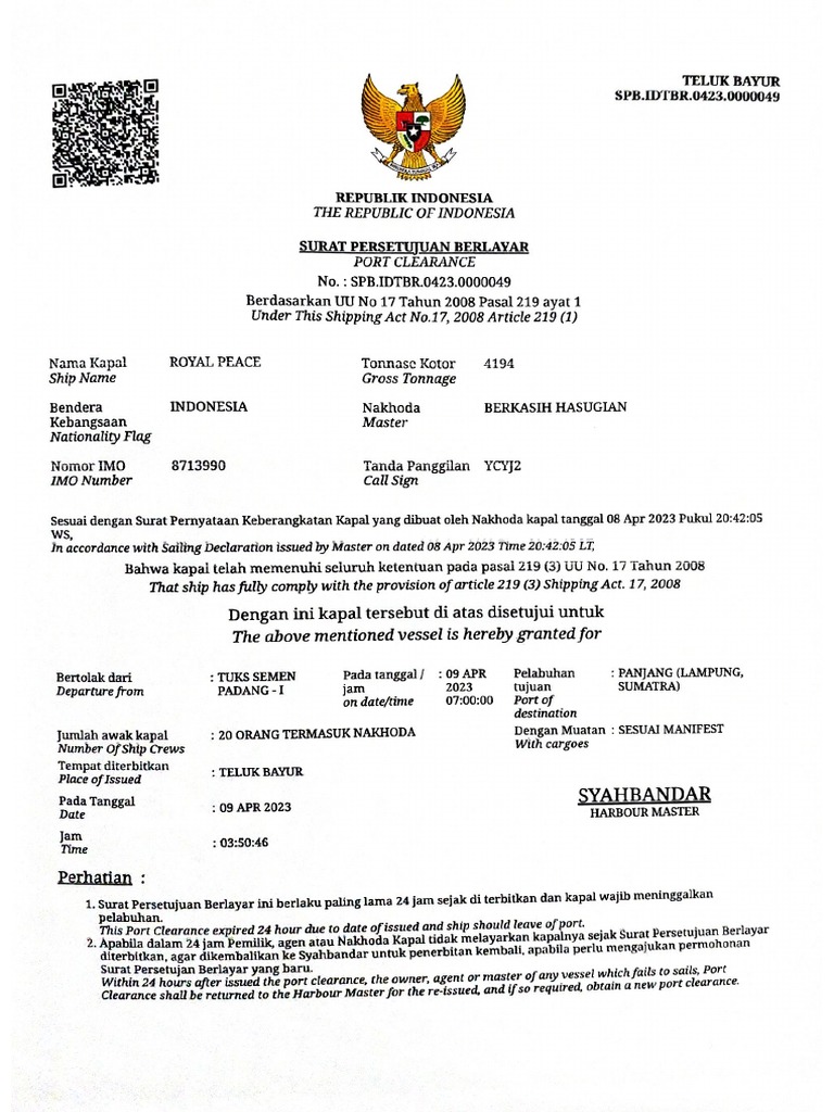 Dokumen Keberangkatan Dari Teluk Bayur Ke Lampung - 09 April 2023 | PDF